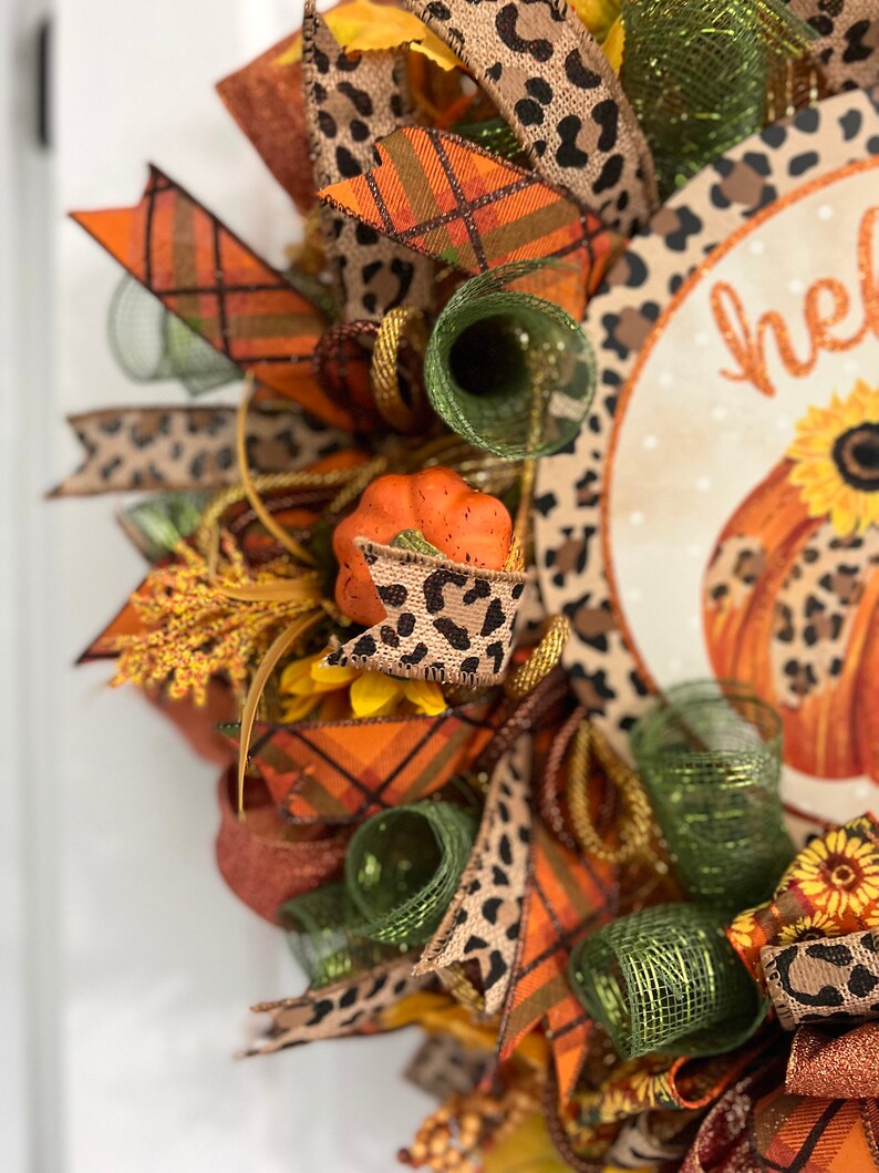 Hello Fall Leopard Pumpkin Front Door Wreath Leopard Fall - Etsy