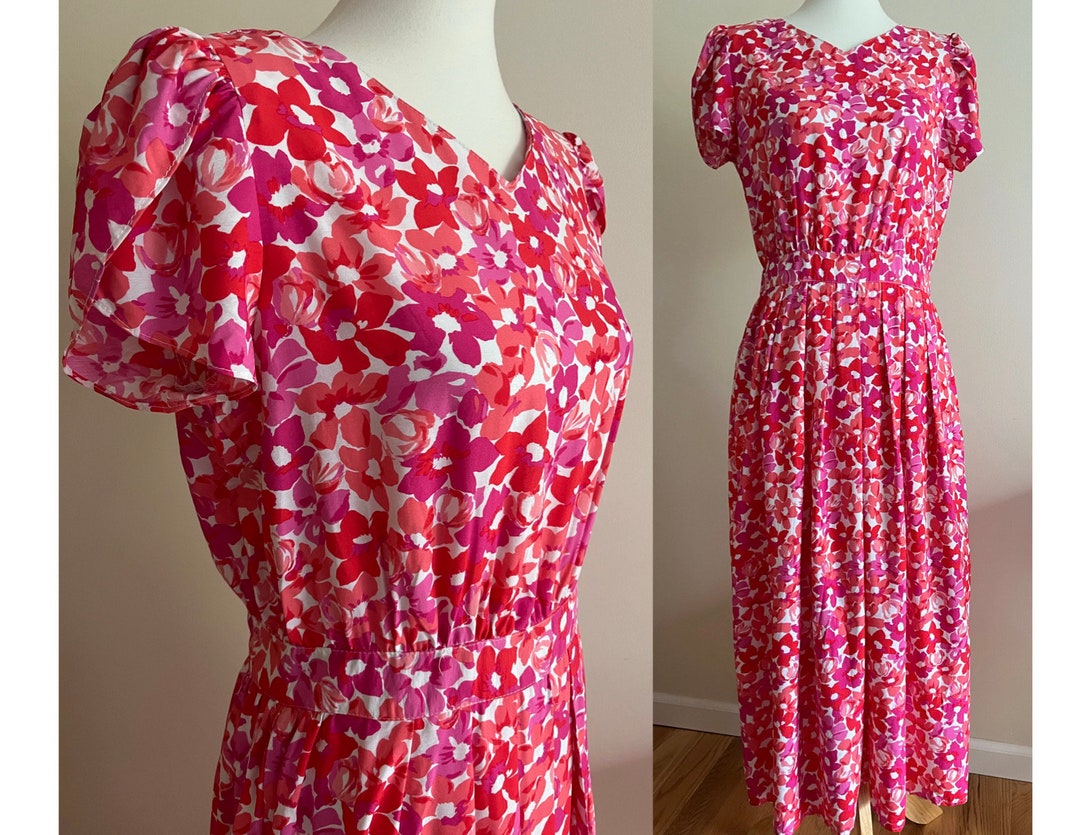 Vintage 1980s JANET SIMMONS Pink Red Floral Dress M - Etsy