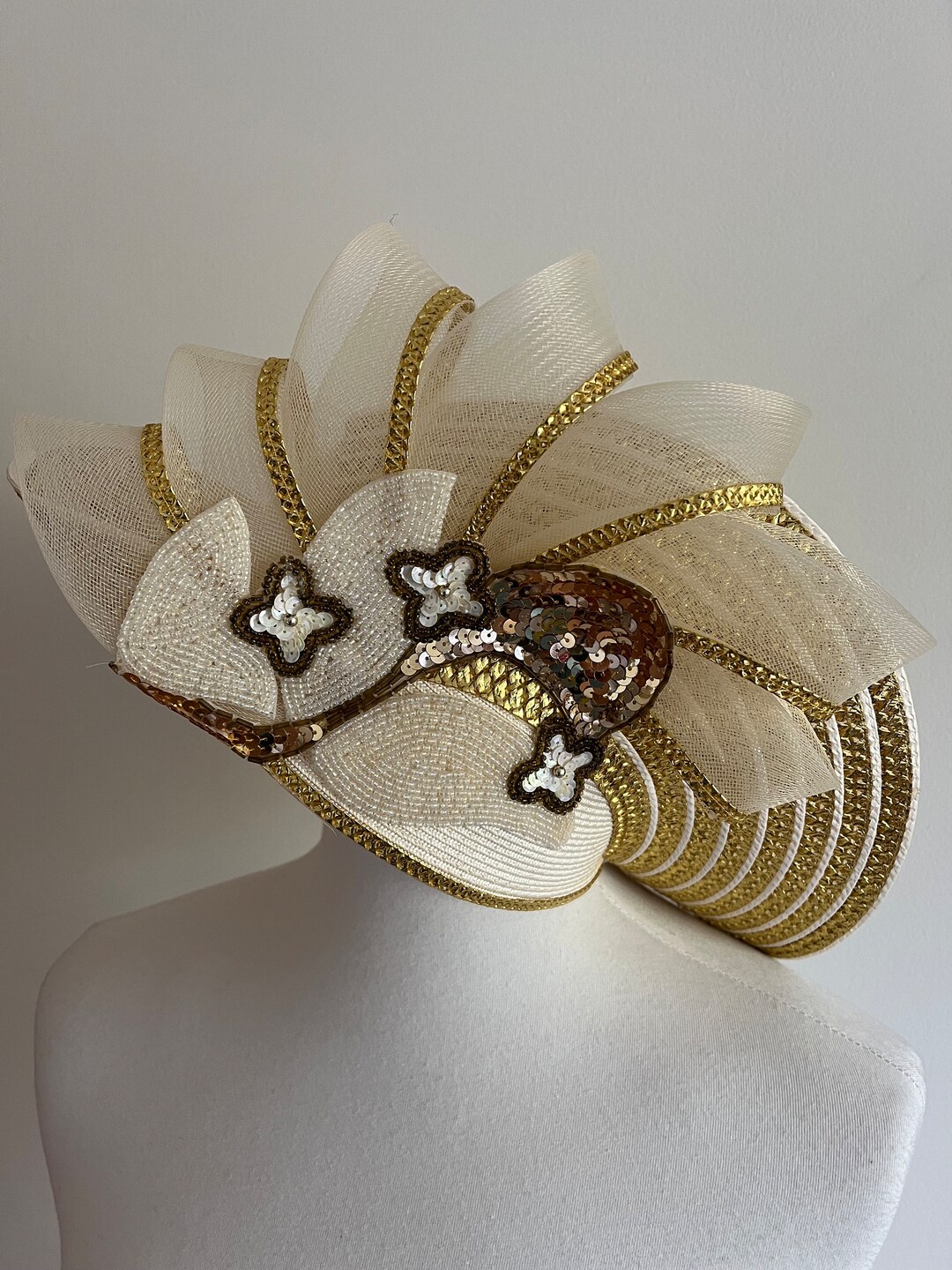 Vintage Gold White Sequined Wide Brim Straw Formal Hat With Netting - Etsy