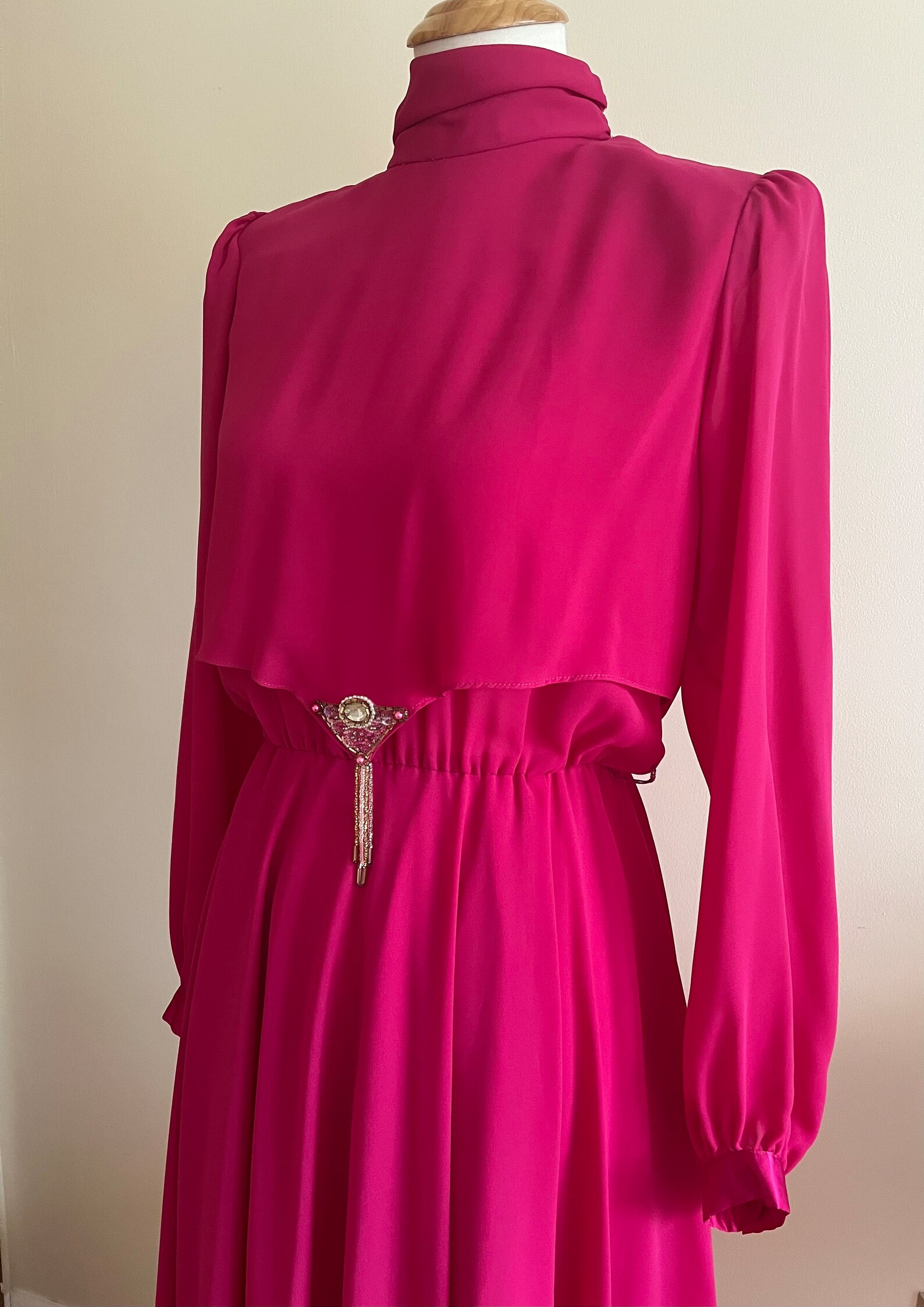 Vintage 1980s Hot Pink URSULA of Switzerland Long-sleeve Chiffon Midi ...