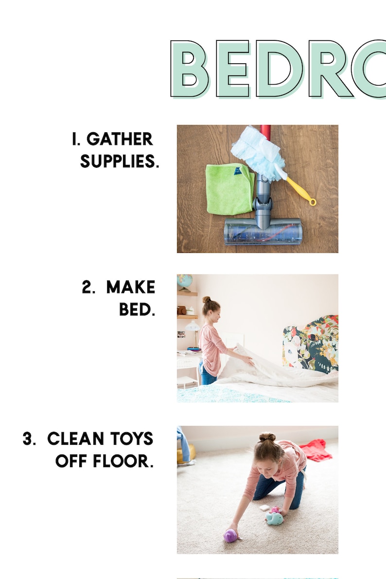 Bedroom Step-by-step Visual Aid - Cleaning Chore Guides- Cheat Sheet ...