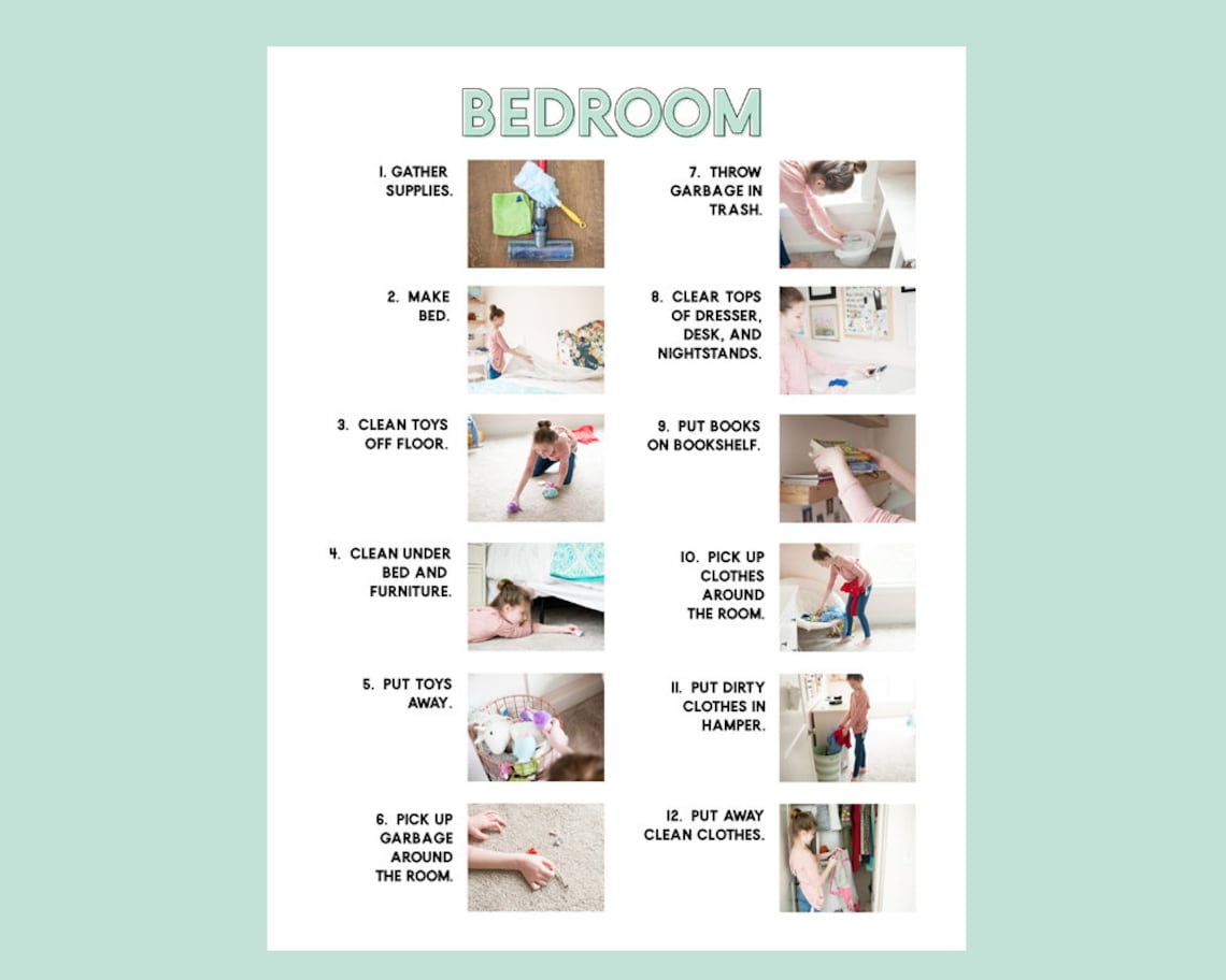Bedroom Step-by-step Visual Aid - Cleaning Chore Guides- Cheat Sheet ...
