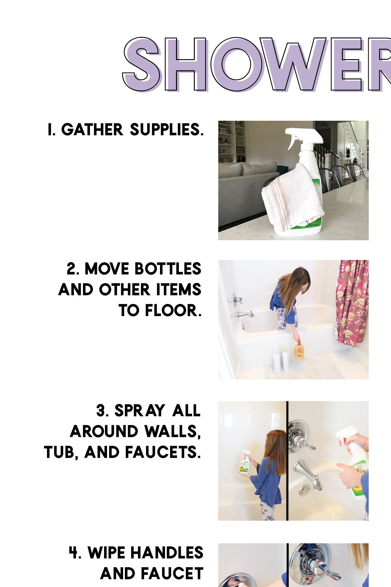 Shower & Bathtub Step-by-step Visual Aid - Cleaning Chore Guides- Cheat ...