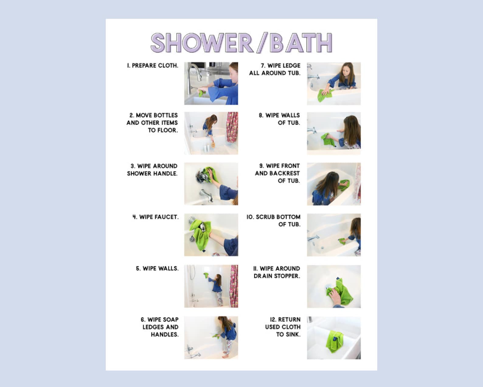 Shower And Bathtub Step By Step Visual Aid Cleaning Chore Etsy