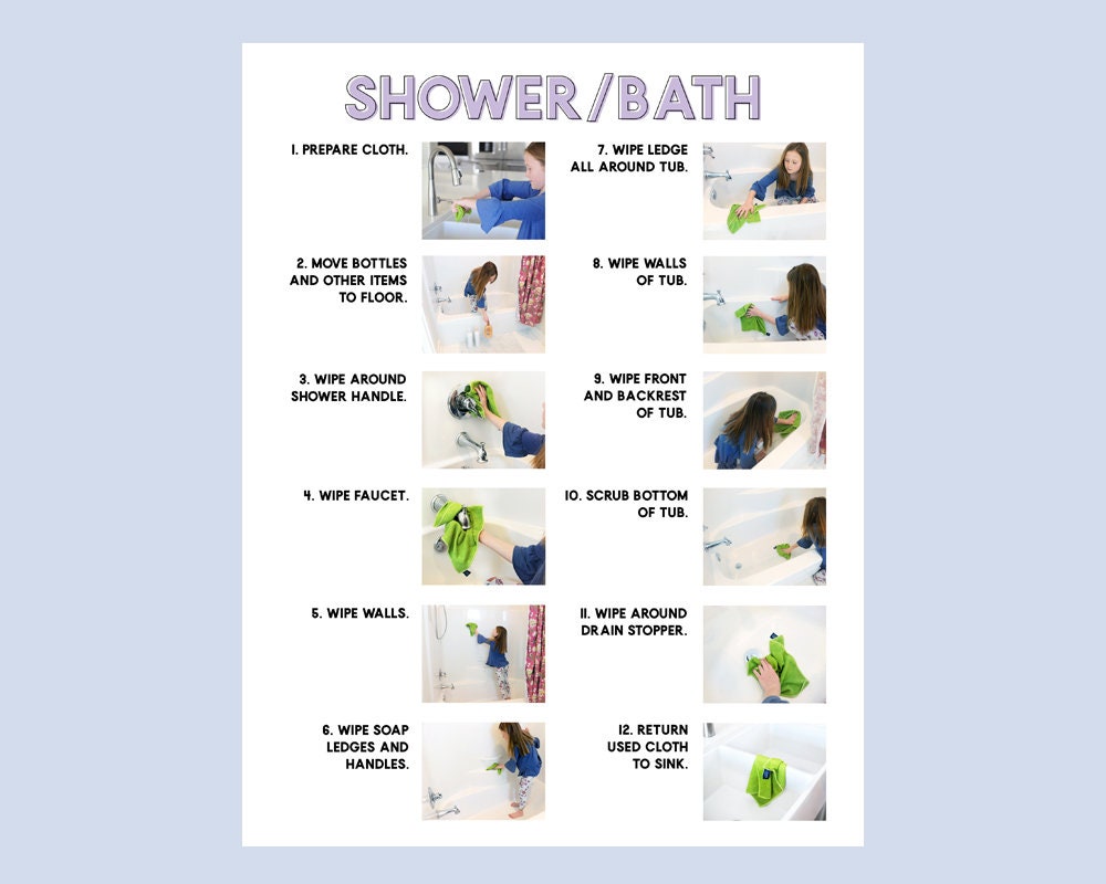 Shower & Bathtub Step-by-step Visual Aid - Cleaning Chore Guides- Cheat ...