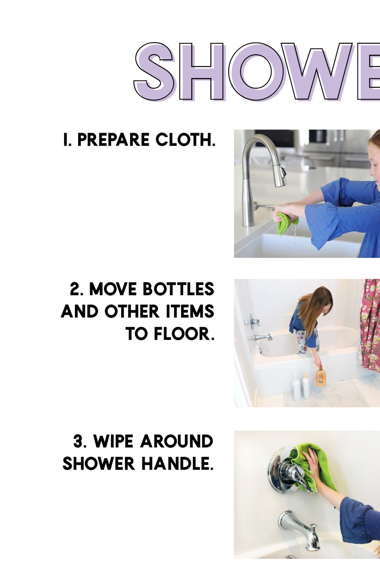 Shower & Bathtub Step-by-step Visual Aid - Cleaning Chore Guides- Cheat ...