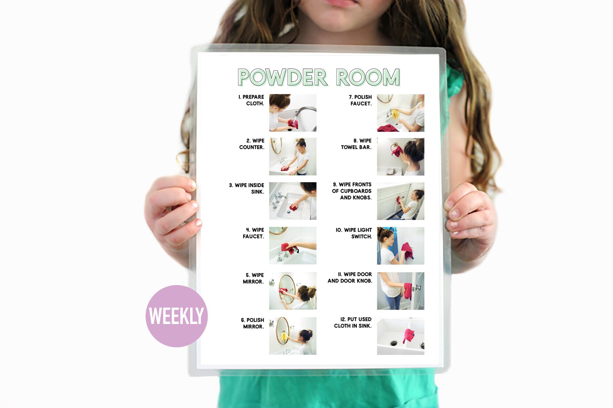 Powder Room Step-by-step Visual Aid Cleaning Chore Guides Cheat Sheet ...