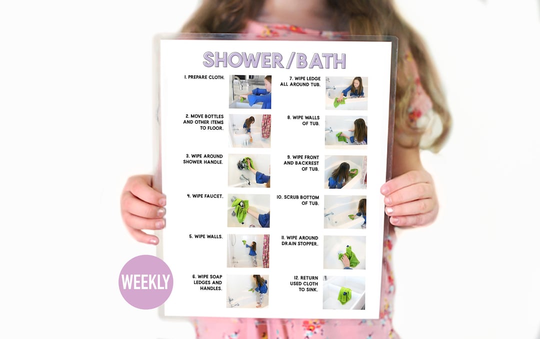 Shower & Bathtub Step-by-step Visual Aid - Cleaning Chore Guides- Cheat ...