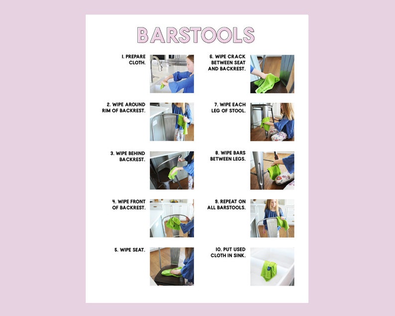 Barstool Step-by-step Visual Aid - Cleaning Chore Guides- Cheat Sheet ...