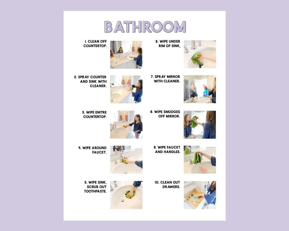Bathroom Step-by-step Visual Aid - Cleaning Chore Guides- Cheat Sheet ...
