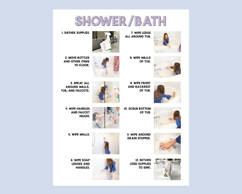 Shower & Bathtub Step-by-step Visual Aid - Cleaning Chore Guides- Cheat ...