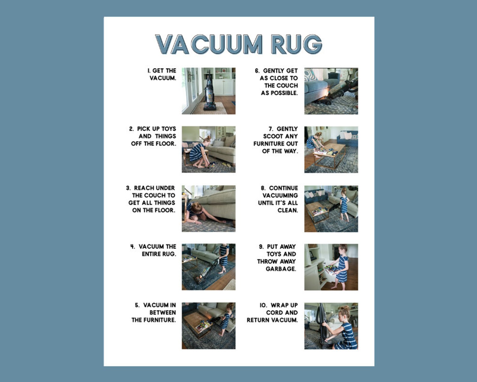 Vacuum Rug Step-by-step Visual Aid - Cleaning Chore Guides- Cheat Sheet ...