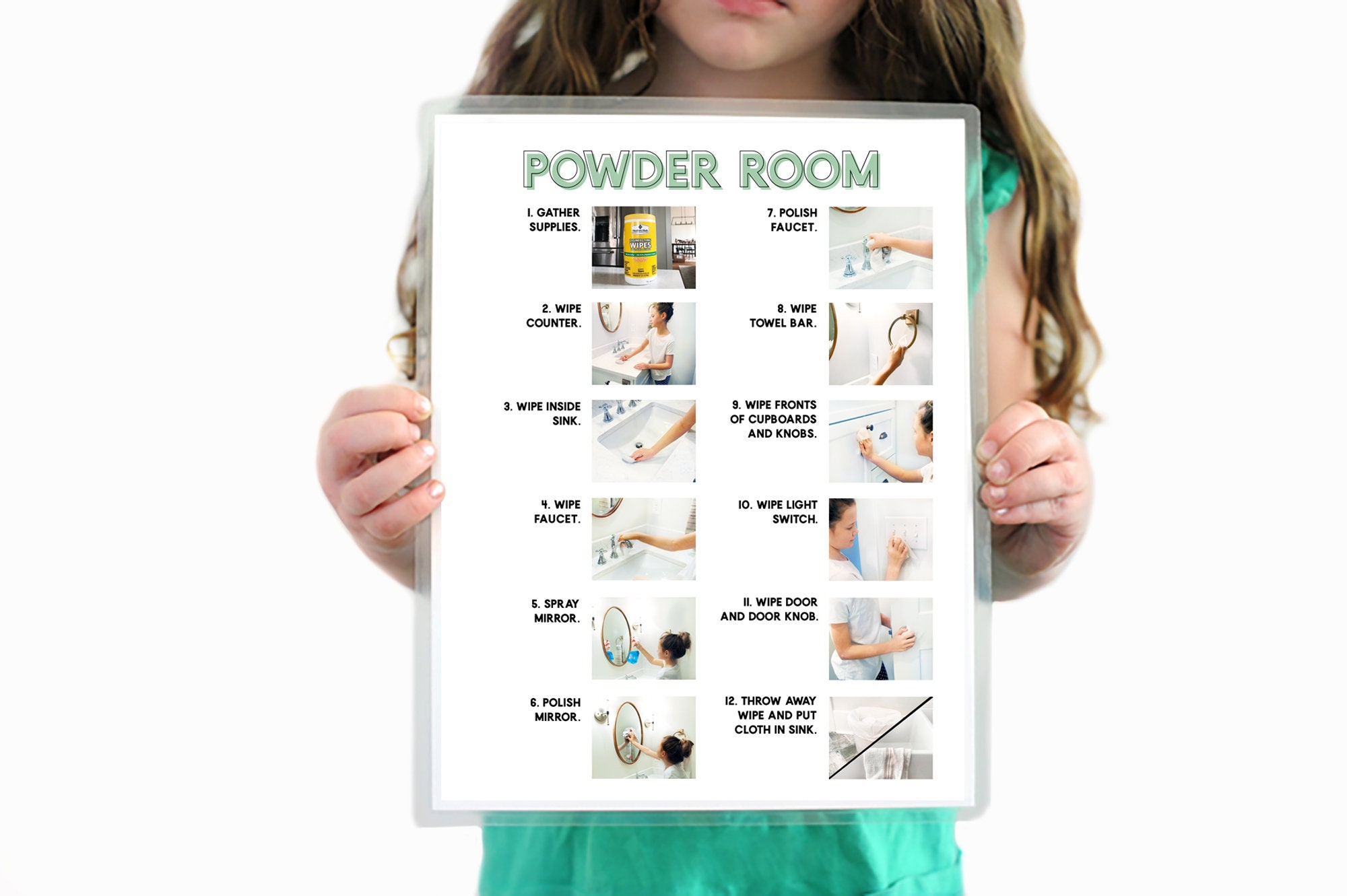 Powder Room Step-by-step Visual Aid Cleaning Chore Guides Cheat Sheet ...