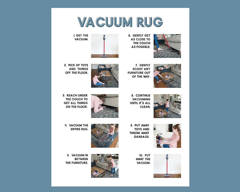 Vacuum Rug Step-by-step Visual Aid - Cleaning Chore Guides- Cheat Sheet ...