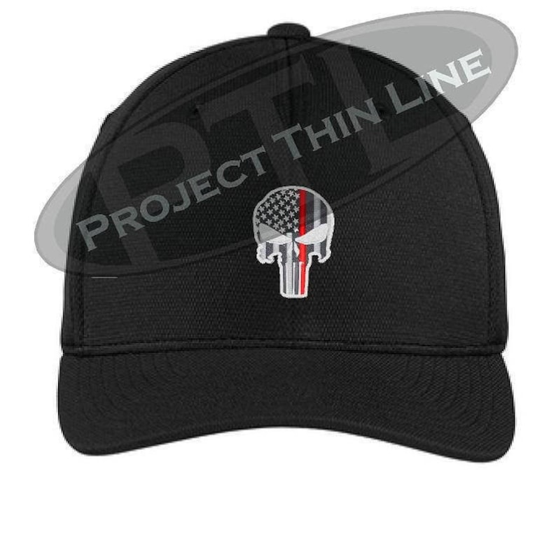 Subdued Punisher Skull American Flag Thin Red Line Flex Fitted Trucker ...