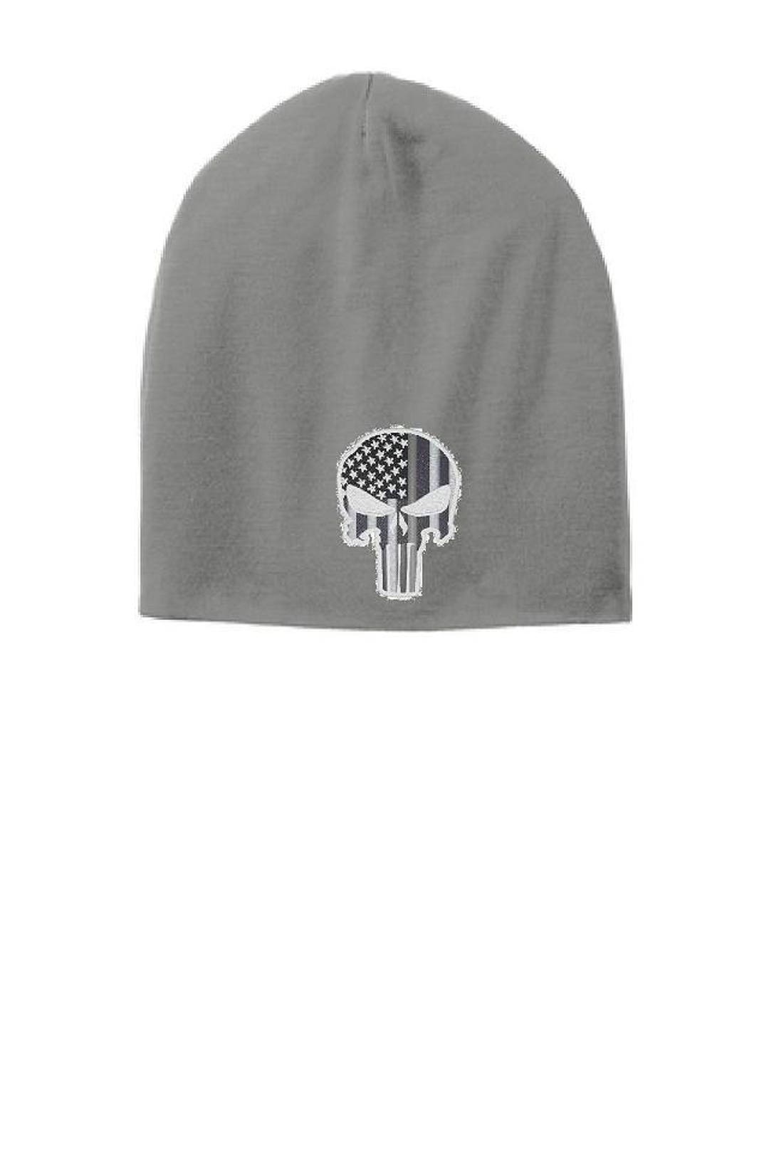 Grey Thin SILVER Line Punisher Skull Slouch Beanie Hat - Corrections ...