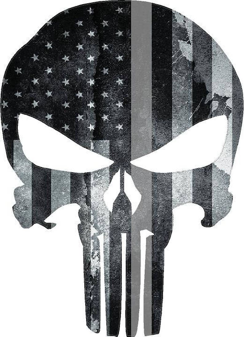 5" Skull Punisher BW Thin SILVER Line Tattered Shape Sticker Decal ...