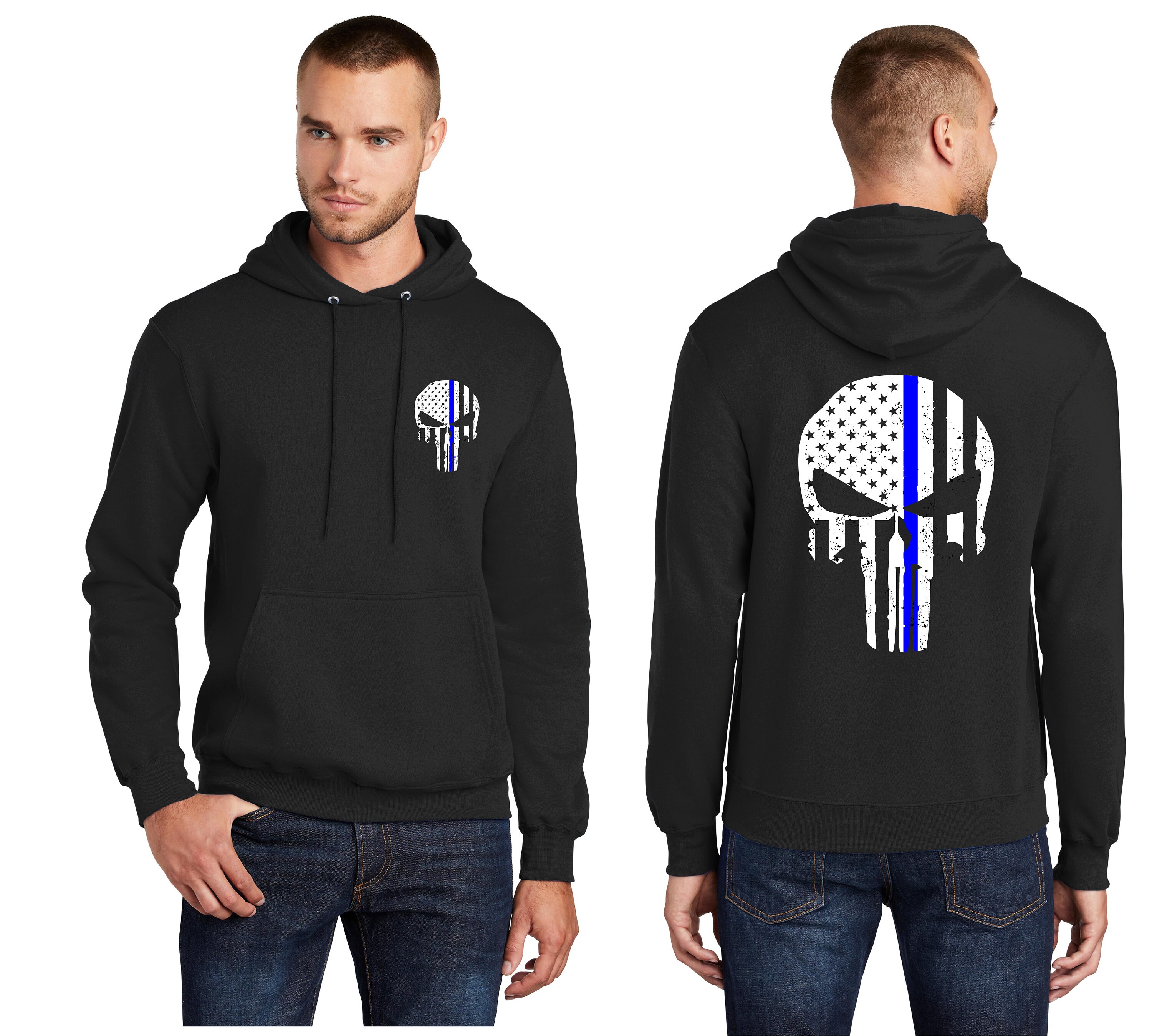 Tattered Thin Blue Line Skull with American Flag Police Hooded | Etsy