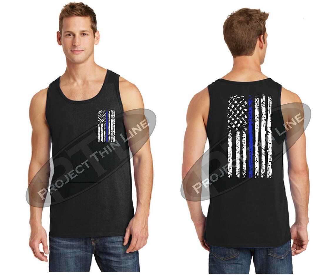 Tattered American Flag Thin Blue Line Law Enforcement Police Tank Top ...