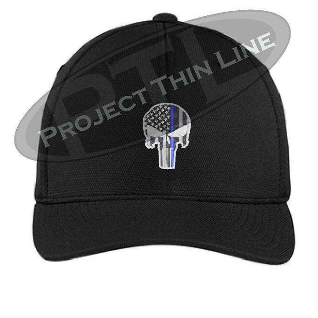 Subdued Punisher Skull American Flag Thin Blue Line Flex Fit Baseball ...
