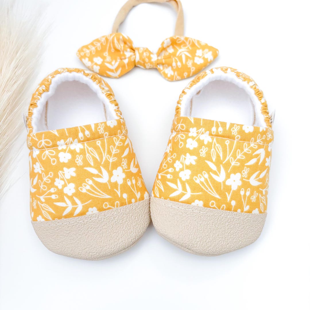 Yellow Floral Baby Booties: Soft Sole Vegan Crib Shoes - Etsy
