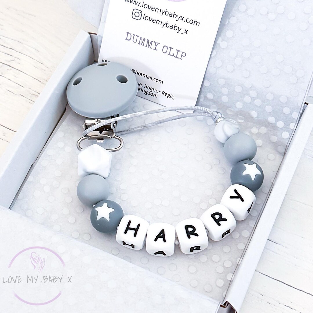 Grey Star Personalised Dummy Clip | Custom Soother Holder | Bendy Dummy ...