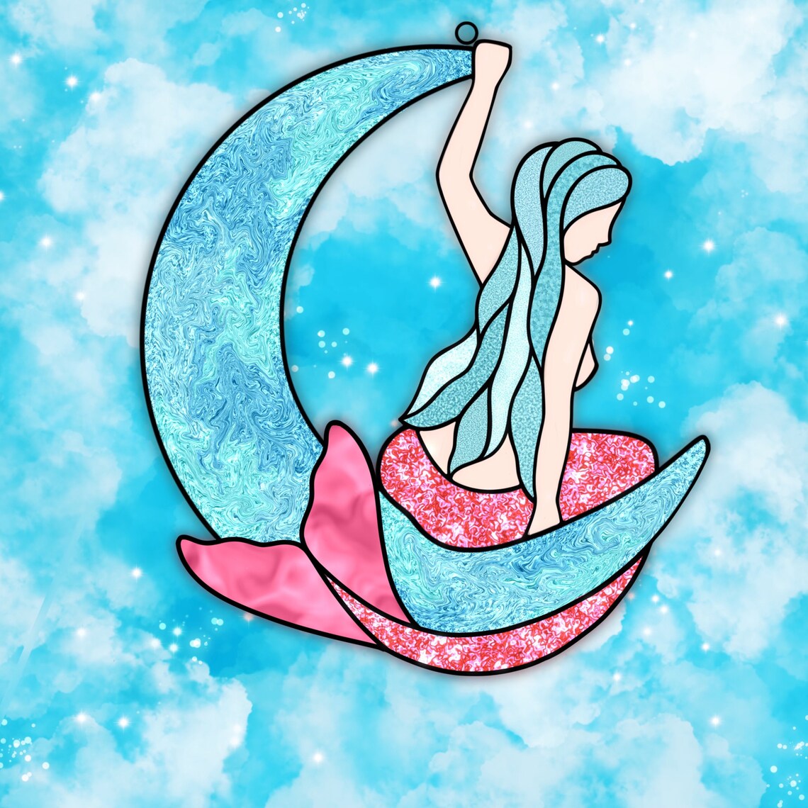 Mermaid on Crescent Moon Stained Glass Pattern: 3 Variations (PDF ...