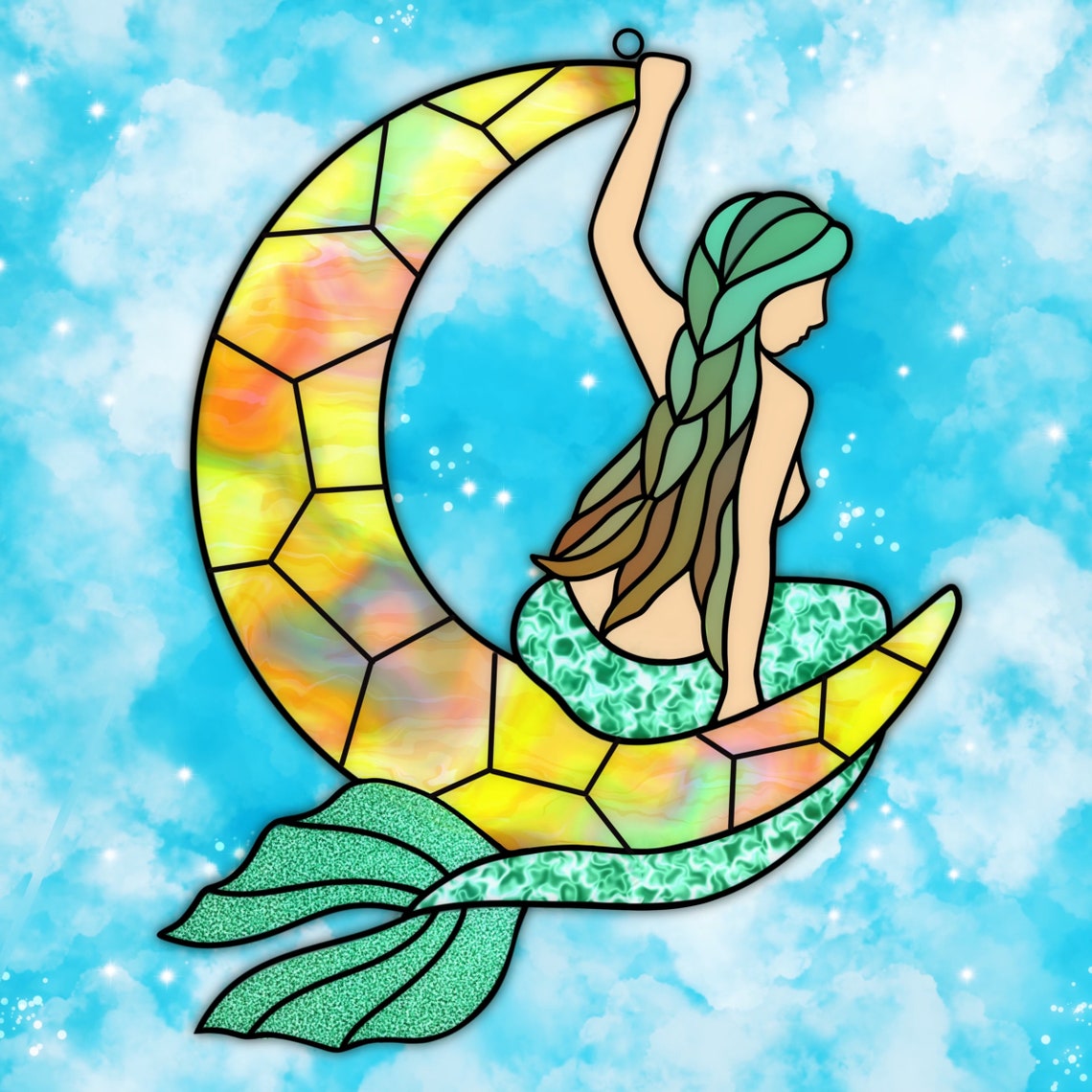 Mermaid on Crescent Moon Stained Glass Pattern: 3 Variations (PDF ...