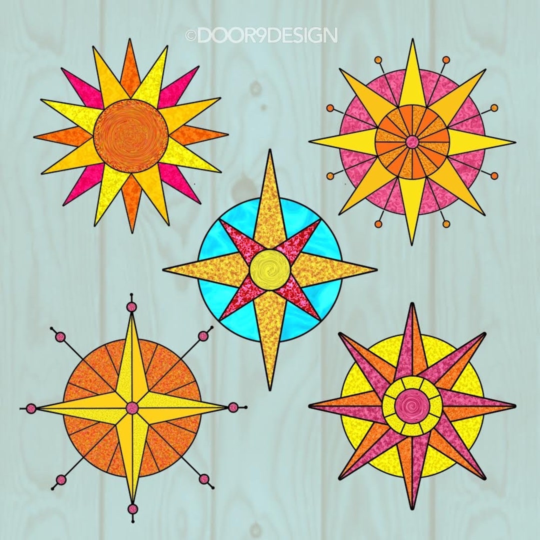 5 Patterns Stars Mid Century Modern Style Starburst Stained Glass ...