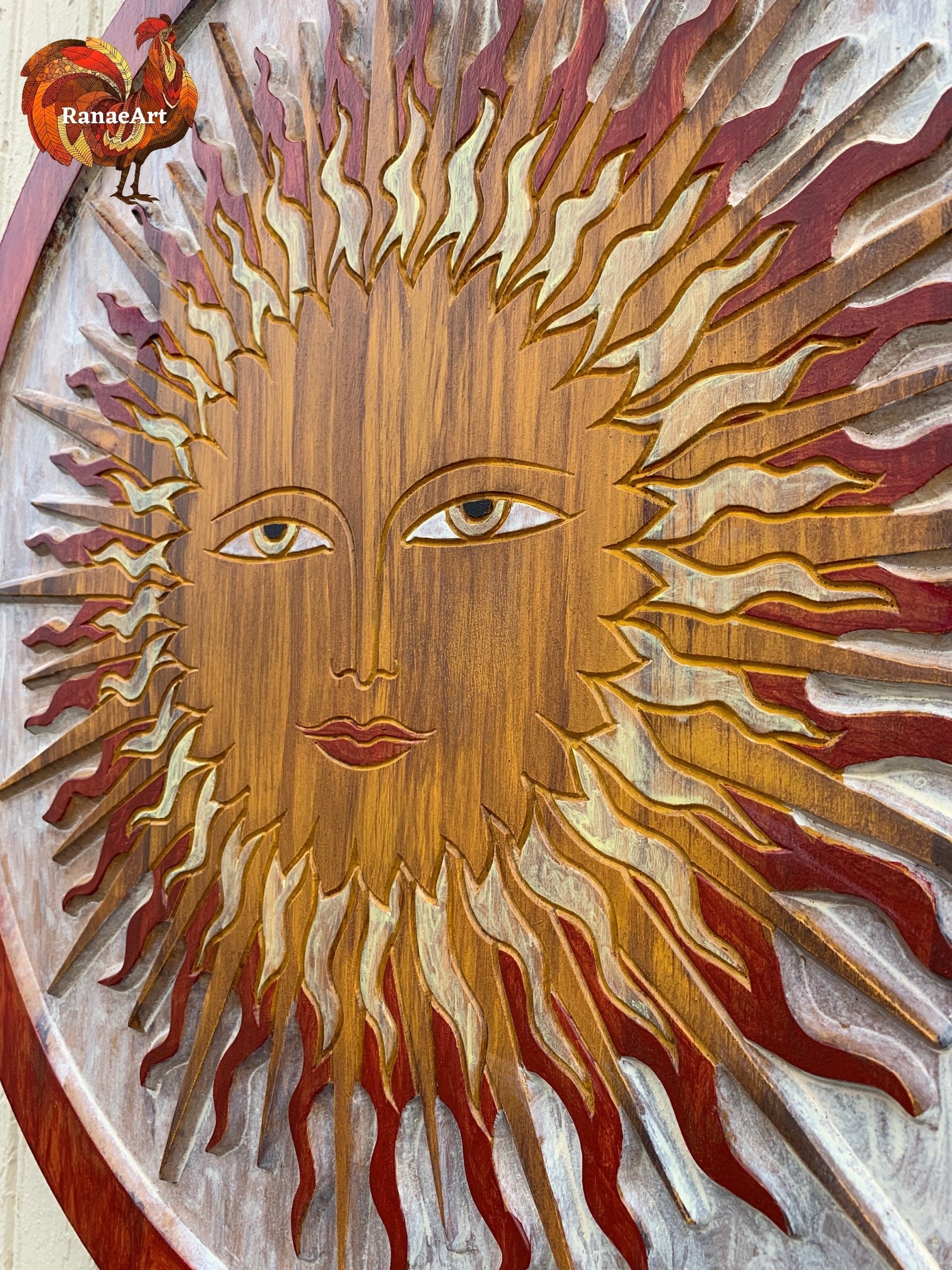 Carved Hand Painted 36” Boho Sun Face Wall Plaque for Indoor or Outdoor ...