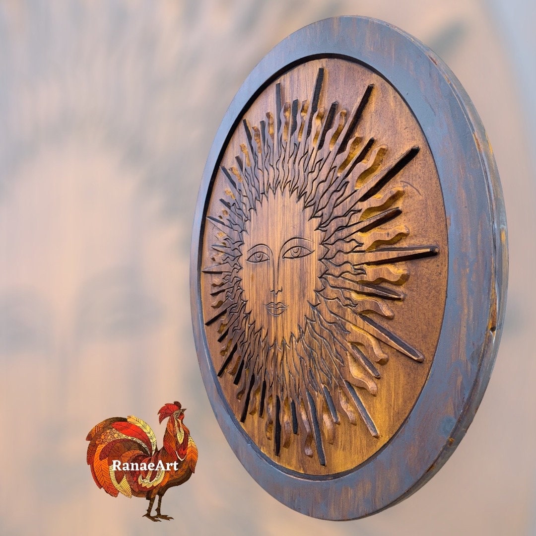 Carved Hand Painted 36” Boho Sun Face Wall Plaque for Indoor or Outdoor ...