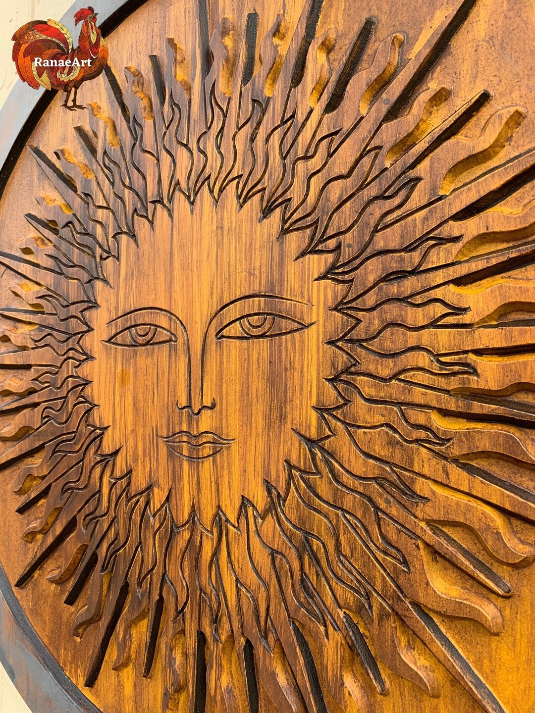 Carved Hand Painted 36” Boho Sun Face Wall Plaque for Indoor or Outdoor ...