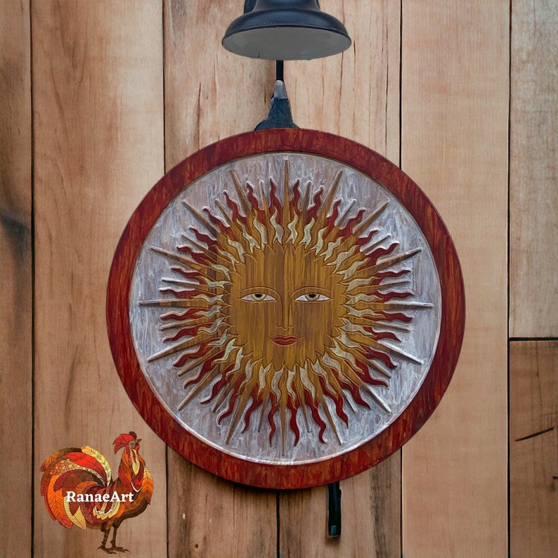 Carved Hand Painted 36” Boho Sun Face Wall Plaque for Indoor or Outdoor ...