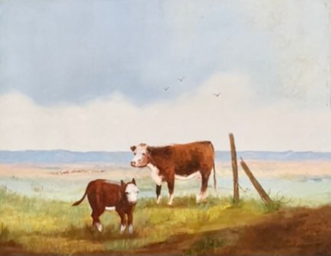 Vintage Oil Painting Unframed Vintage Canvas Painting Outdoor Cow Calf ...