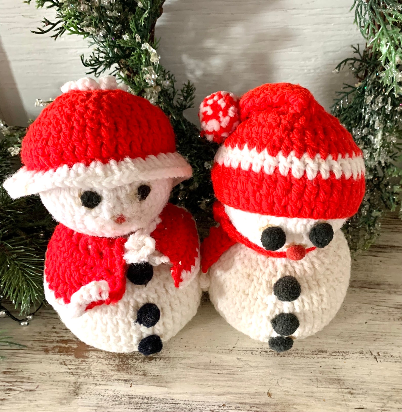 Vintage Snowman Snowgirl Vintage Hand Crocheted Snowmen 7” Tall Vintage ...
