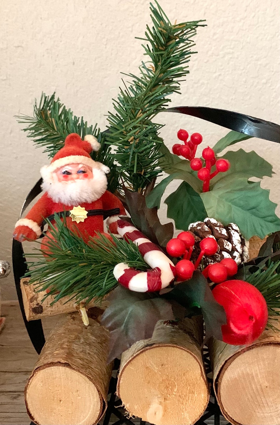 Christmas Assemblage Vintage Santa Pick With Vintage Greenery Santa ...