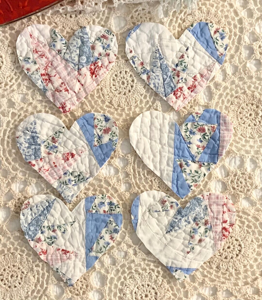 Vintage Quilt Set of 6 Vintage Quilt Hearts DIY Project, Pink/blue Quilt Pieces Journaling ...