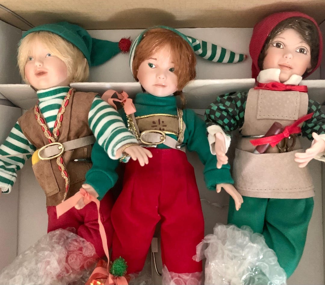 Vintage Christmas Elves/elf Set of 3 Paradise Galleries Porcelain Doll ...