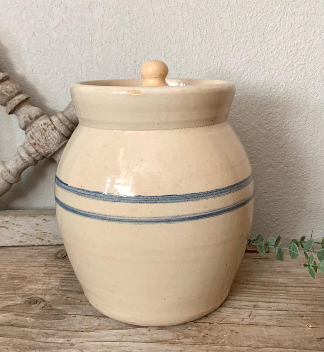 Vintage Stoneware Pottery Creamy off White Blue Band 9” Tall Pottery ...
