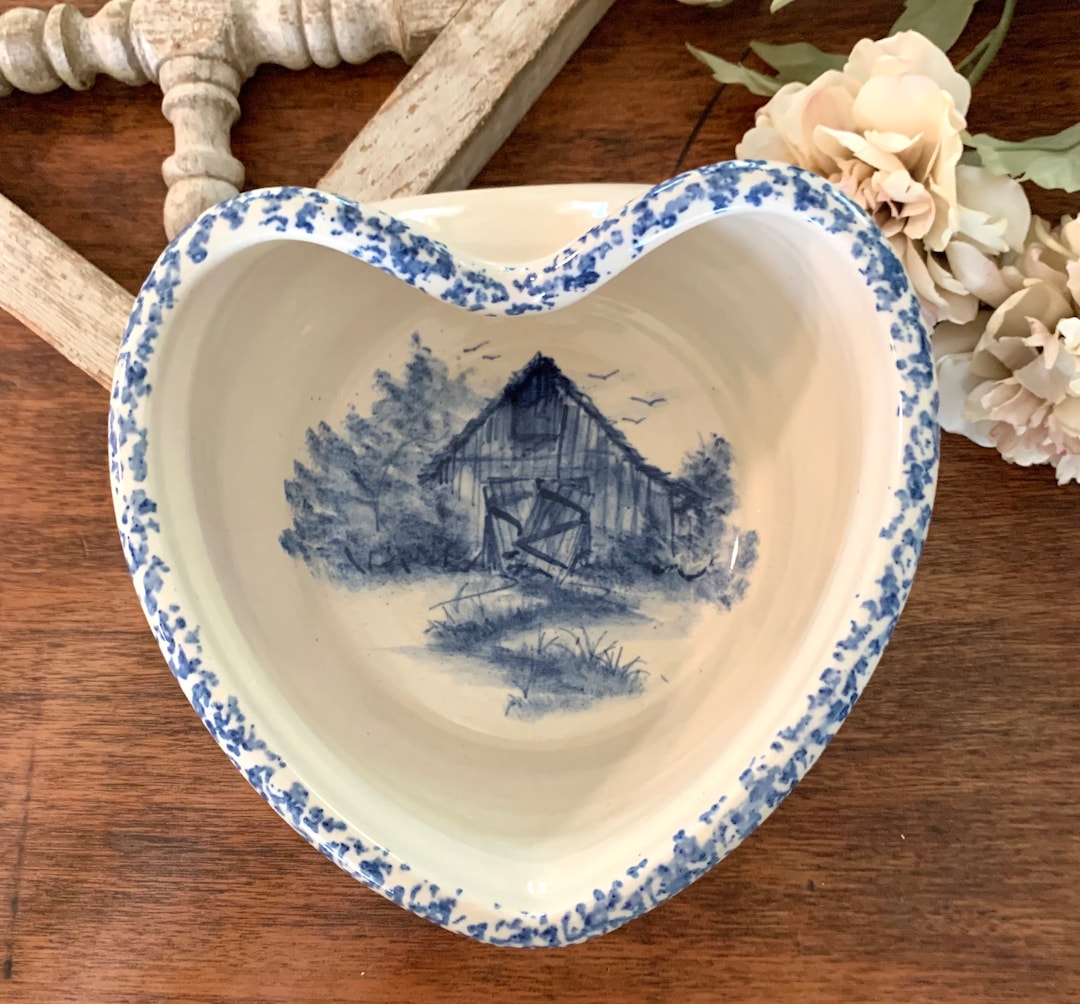 Vintage Casey Pottery Blue Barn Scene Stoneware Pottery Large Heart ...