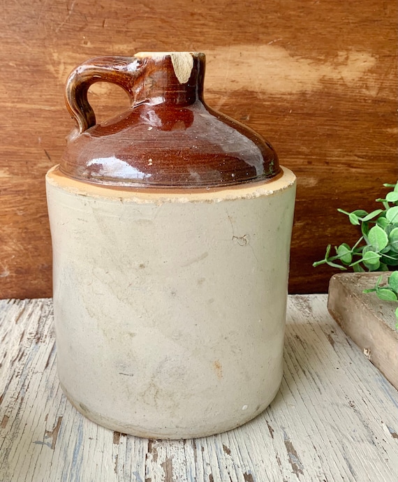 Vintage Stoneware Pottery Crock Jug Brown and White Whiskey - Etsy