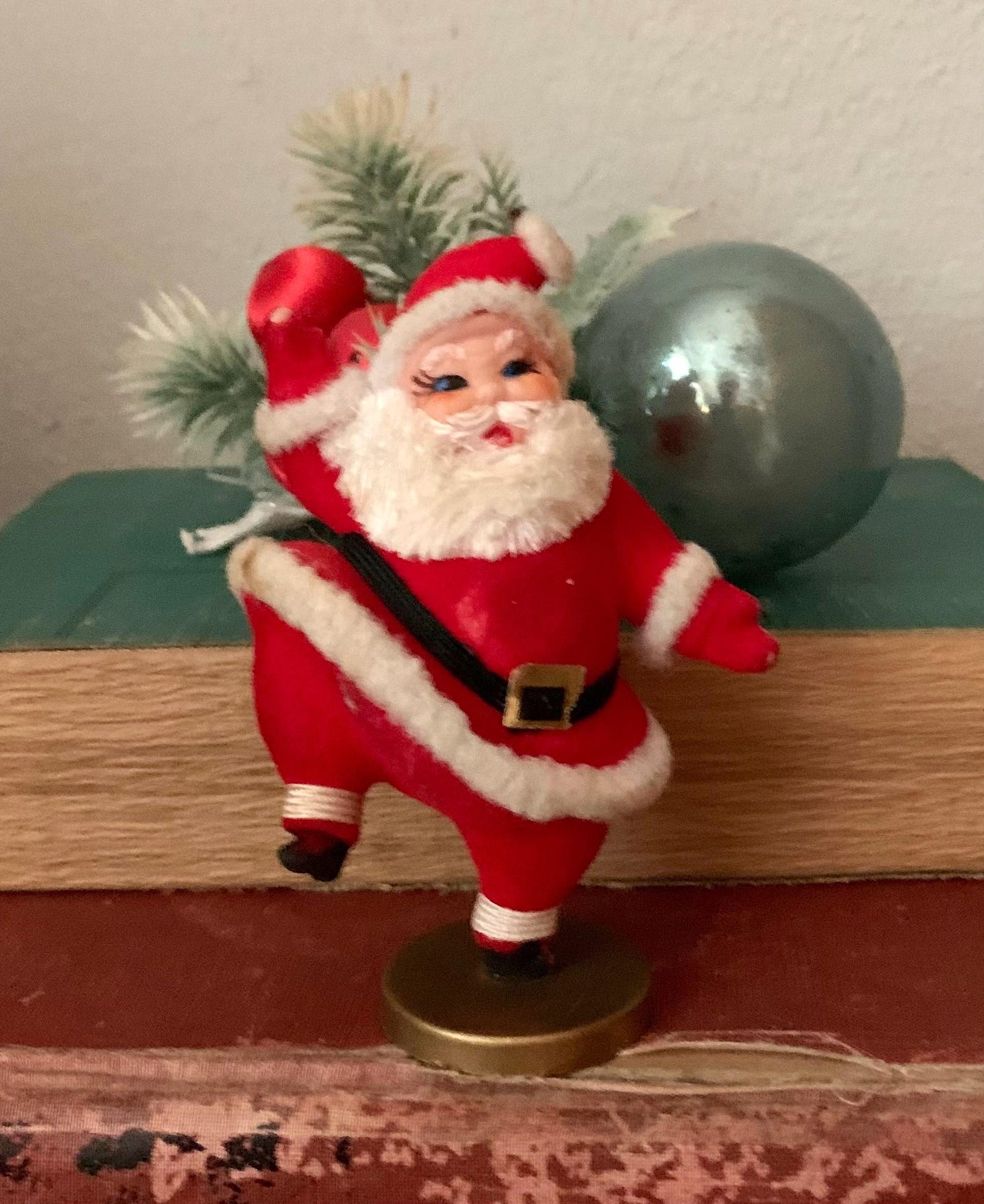 Vintage Flocked Santa Dancing Santa in His Red Flocked Suit Kitschy Mid ...