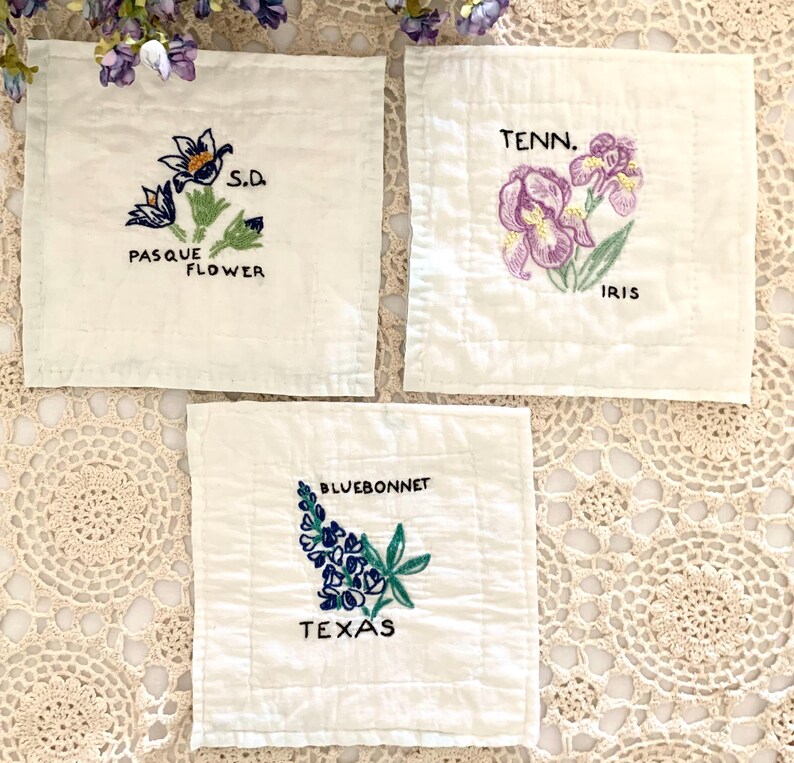 1 Vintage Embroidered State Flower Quilt Top Block/piece Embroidered ...