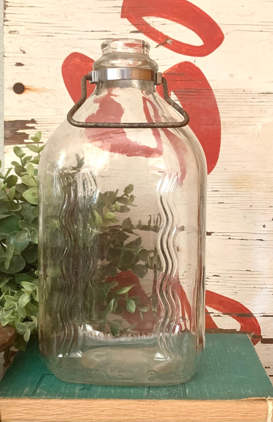 Vintage Glass Milk Bottle Wire Bail Holder 2 Quart Glass Jar Primitive ...