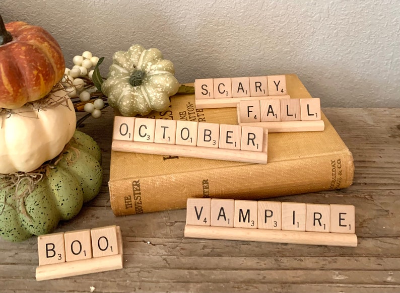 Vintage Fall Scrabble Tile Words Halloween Vignette Words BOO FALL ...