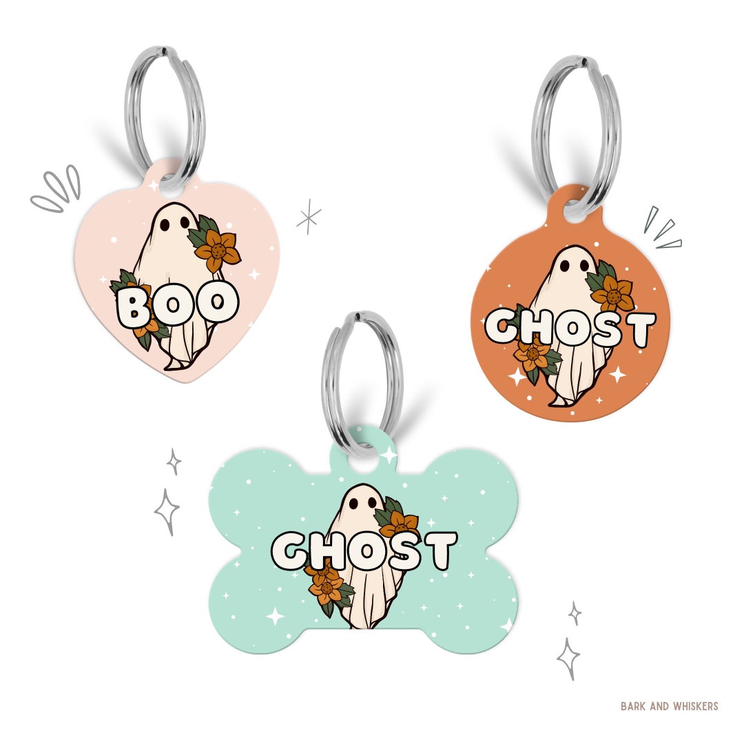 Boho Ghost Pet Id Tag, Personalized Custom Optional QR Code Tag ...