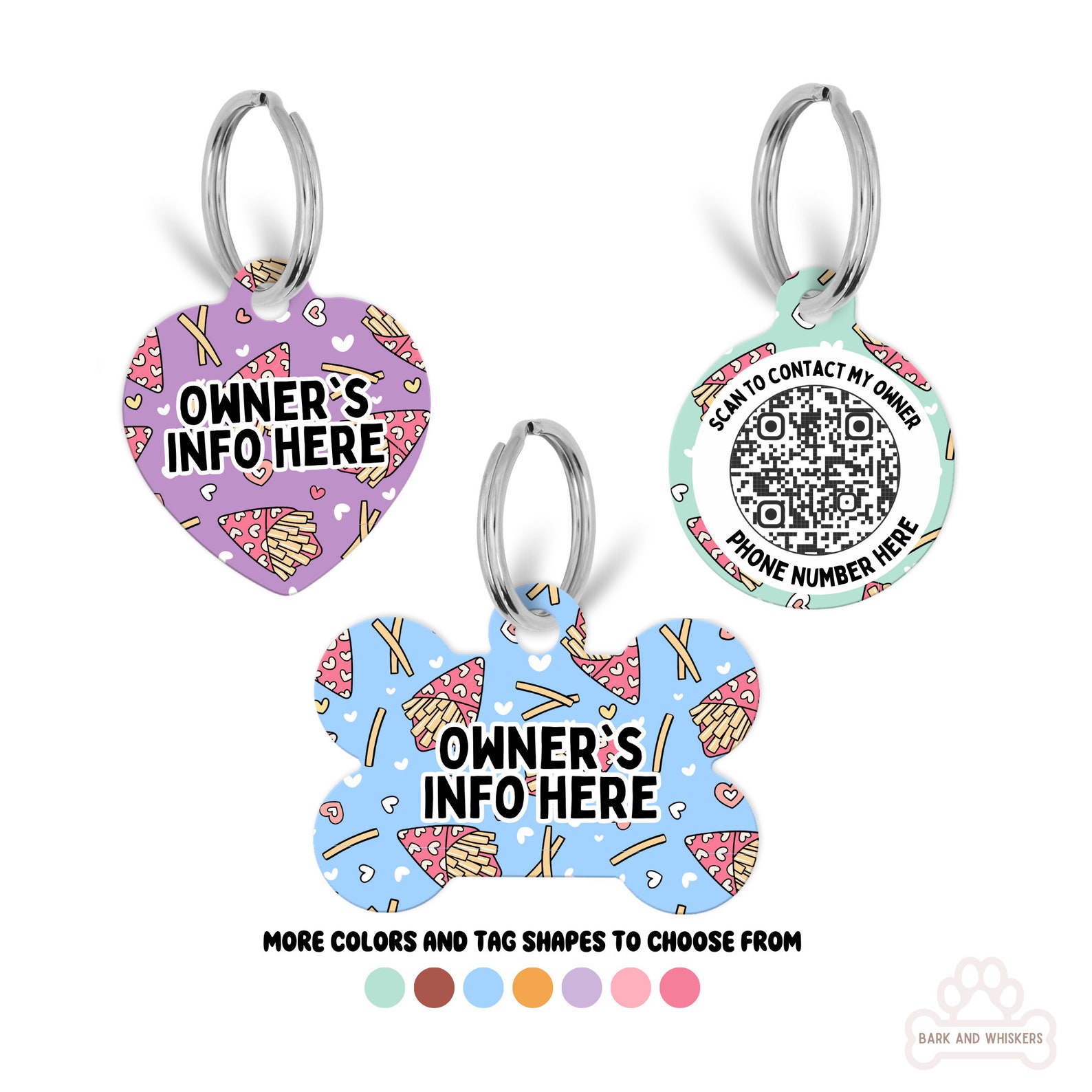 French Fries Pet ID Tag, Personalized Custom QR Code Tag, Collar Pet ...