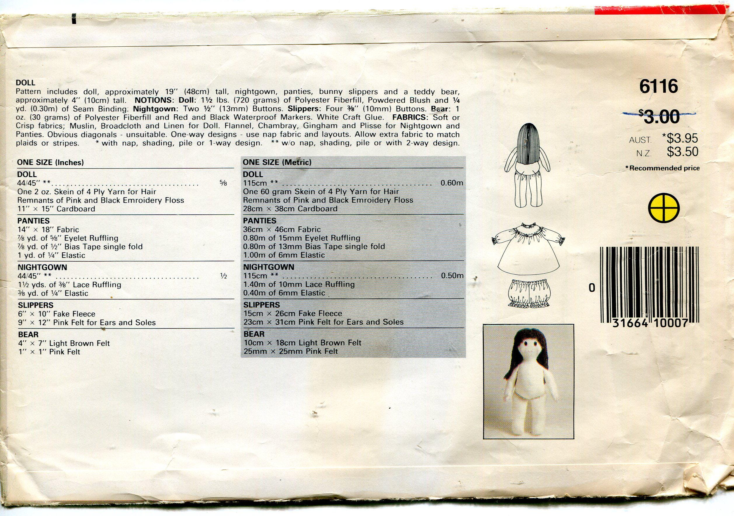 Vintage-1980's-orignal Complete - 18in.doll & Wardrobe Pattern +bunny ...