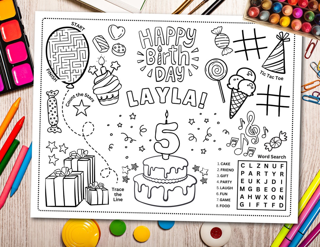 Personalized Birthday Coloring and Activity Placemat for Kids, Digital ...