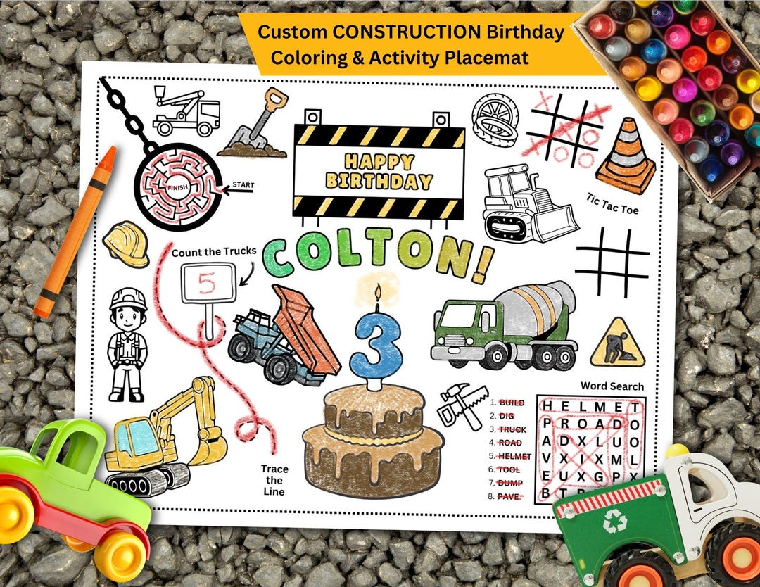 Personalized Construction Birthday Activity Placemat, Kids Coloring ...
